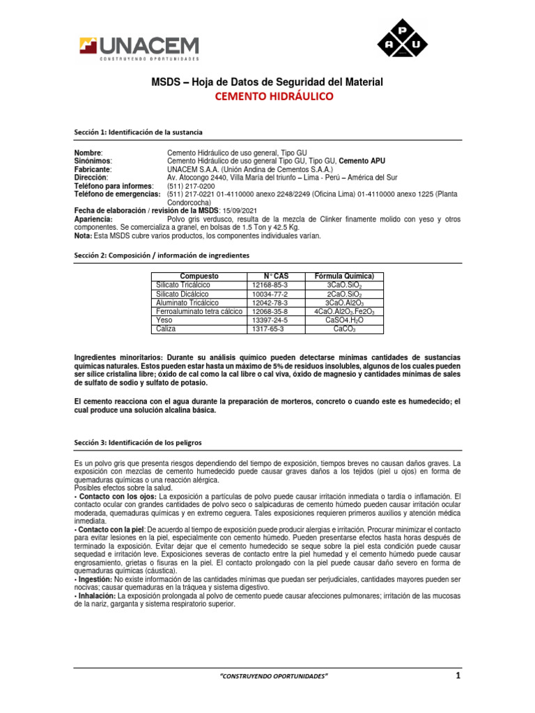 MSDS Portland Tipo Gu - Cemento Apu | PDF | Cemento | Quemar