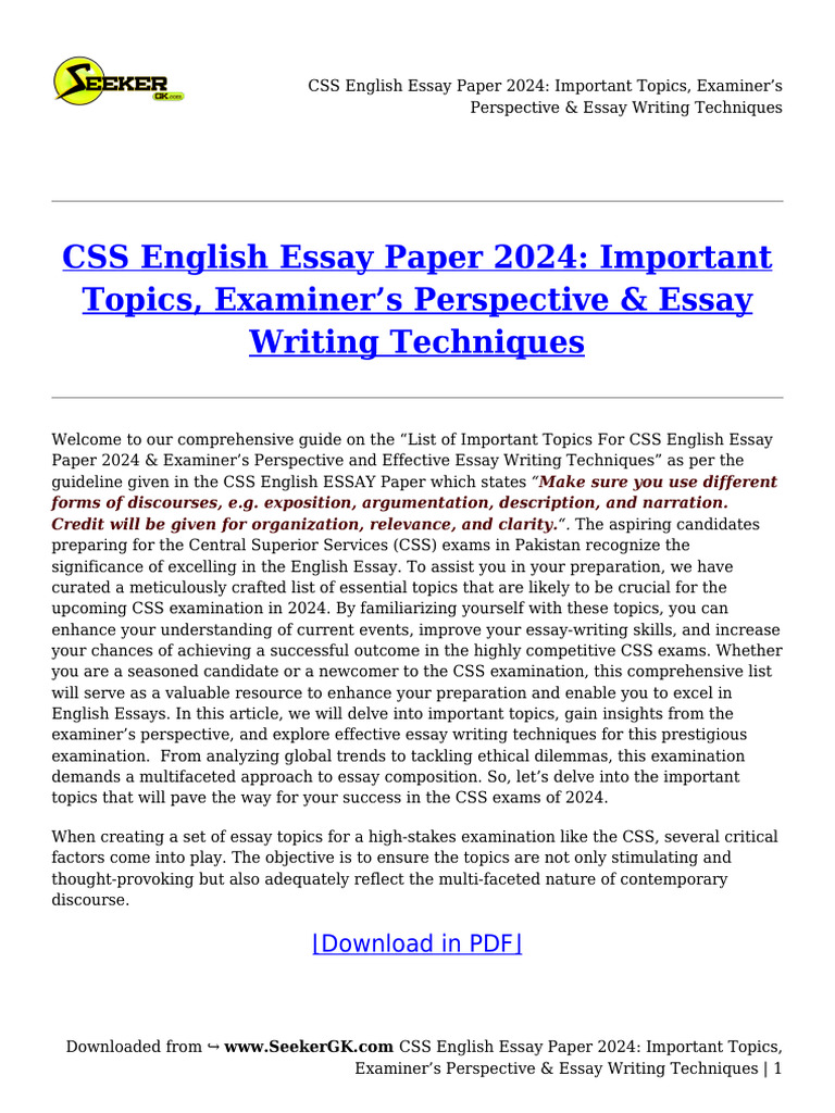 CSS English Essay Paper 2024 - Important Topics, Examiner’ S Perspective & Essay Writing ...