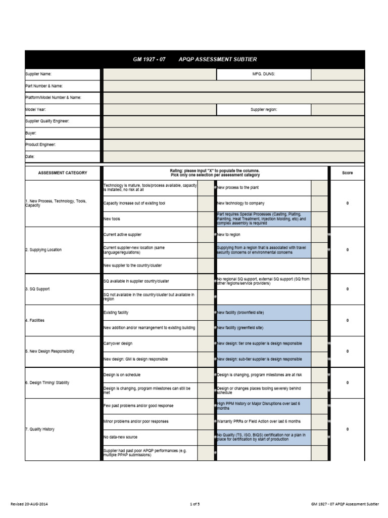 Gm 1927 07 Apqp Supplier Assessment Pdf Risk Business