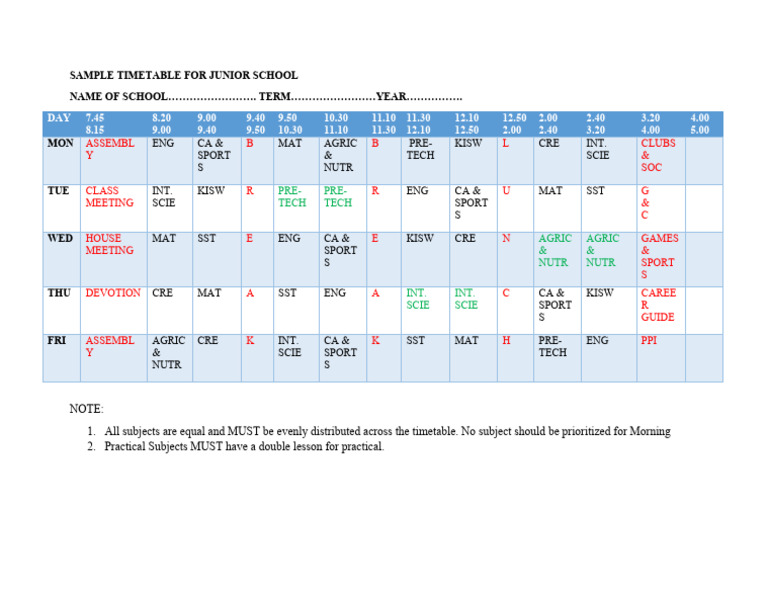 Sample Timetable For Junior School | PDF