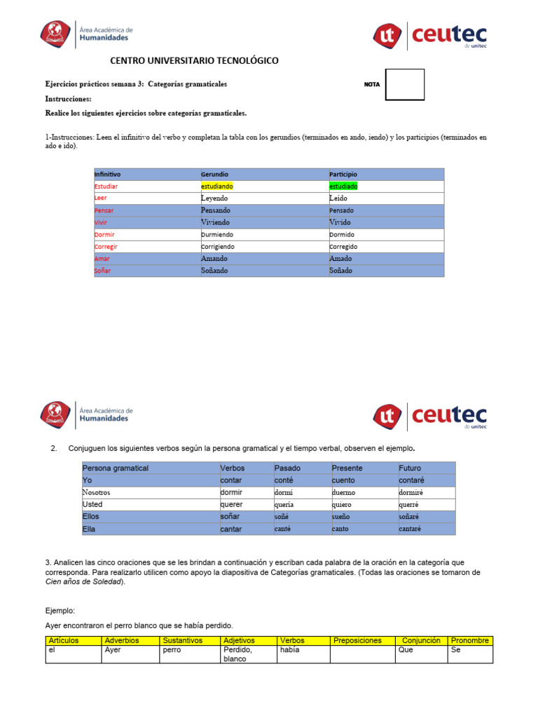 Ejercicio Categorías Gramaticales y Oración Gramatical | PDF | Verbo ...