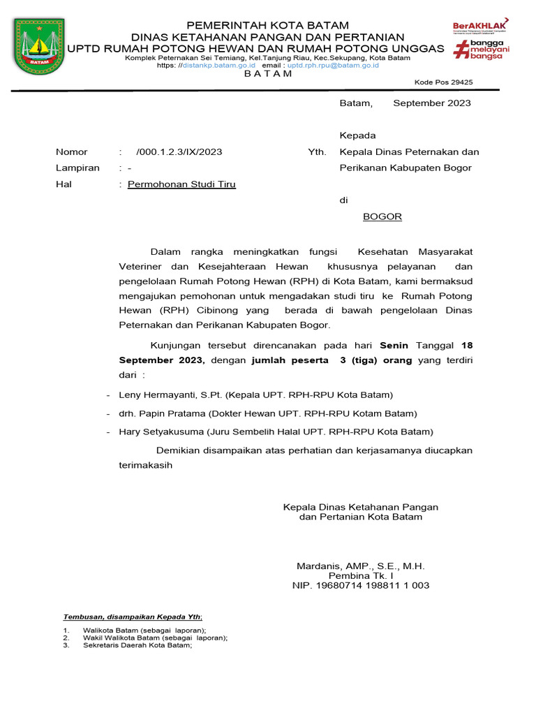 Surat Permohonan Studi Tiru Ke RPH Cibinong & RPH Karawaci TGL 18 - 20 Sept | PDF