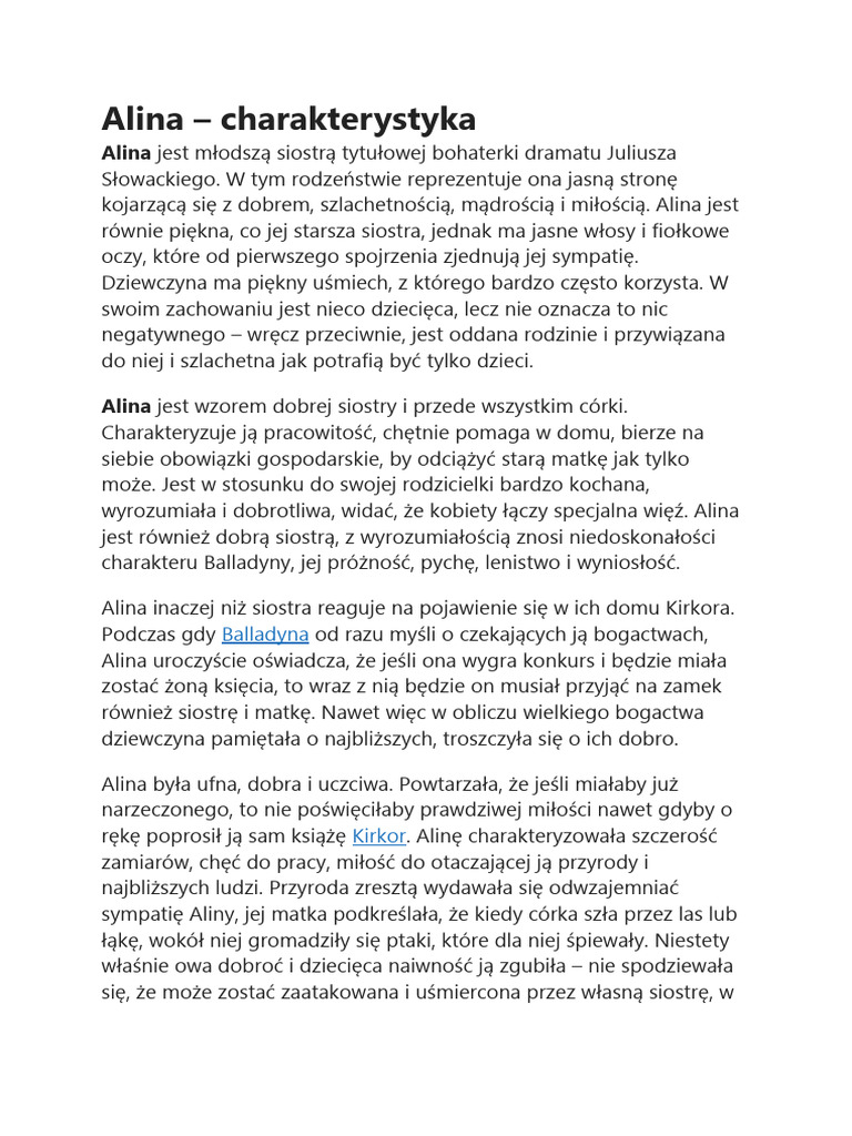 Charakterystyka Aliny | PDF