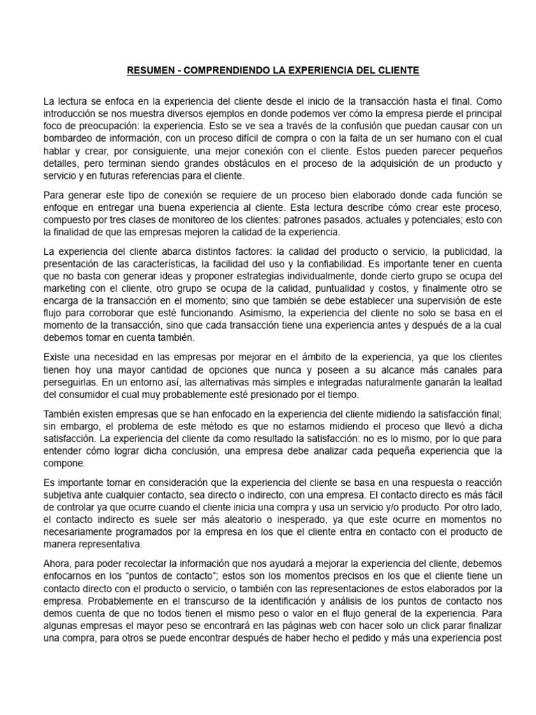 Resumen Critico - Comprendiendo La Experiencia Del Cliente | PDF ...