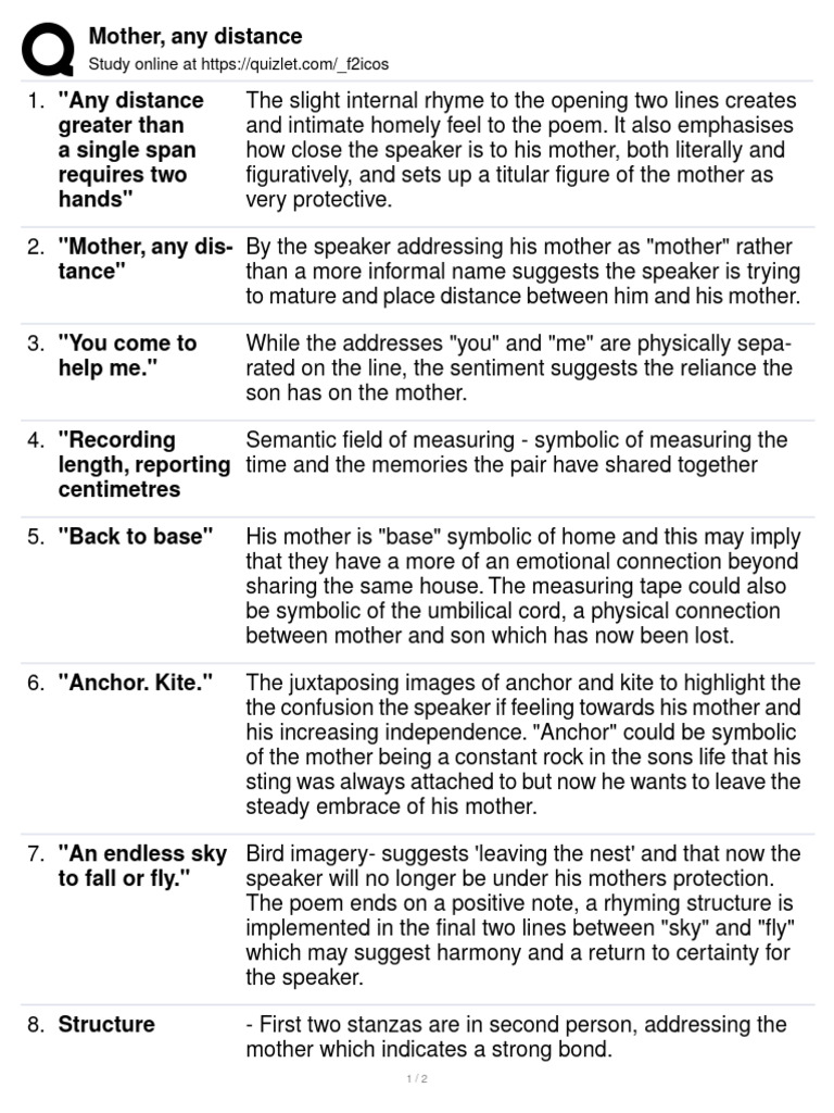 Mother, Any Distance Flashcard | PDF | Poetry