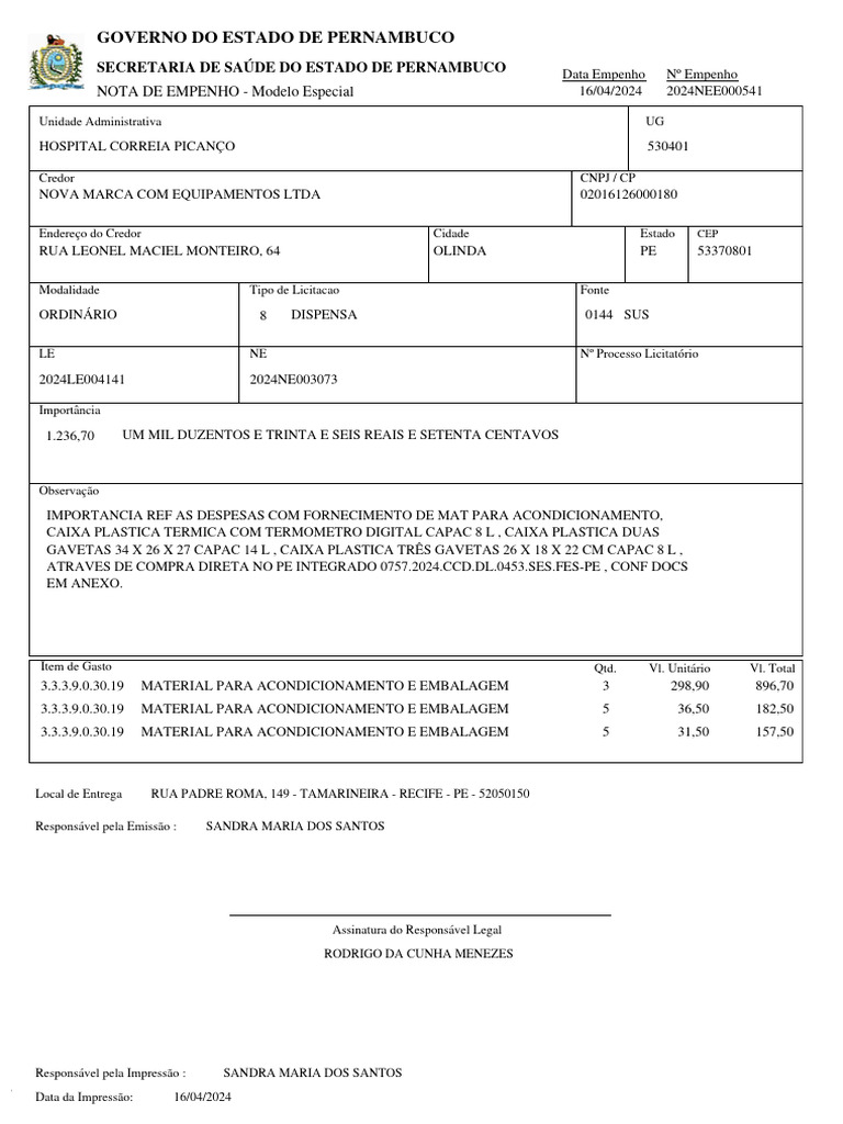 Nota de Empenho - Material de Saúde PE | PDF | Esfera pública