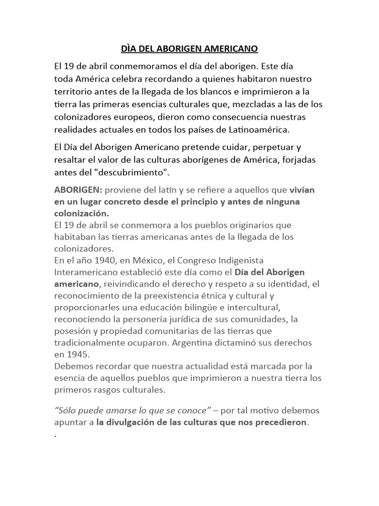 Día del Aborigen Americano: 19 de abril | PDF | Ciencias sociales ...