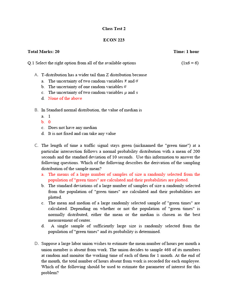Class Test 2 - Answers | PDF | Normal Distribution | Standard Deviation