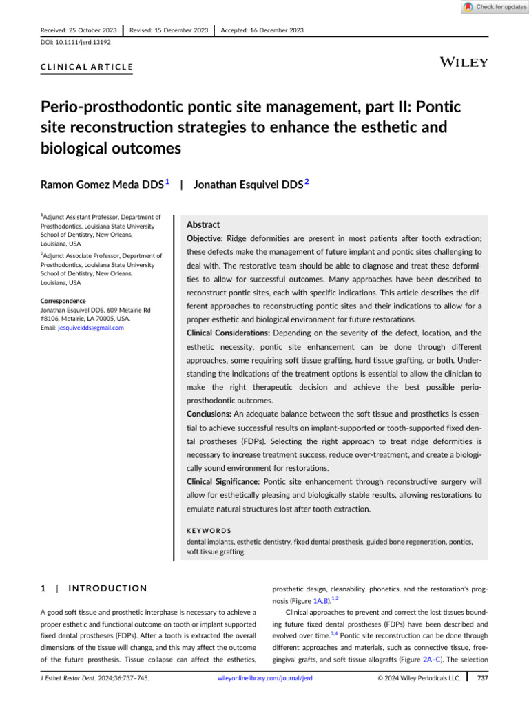 J Esthet Restor Dent - 2024 - Gomez Meda - Perio Prosthodontic Pontic ...
