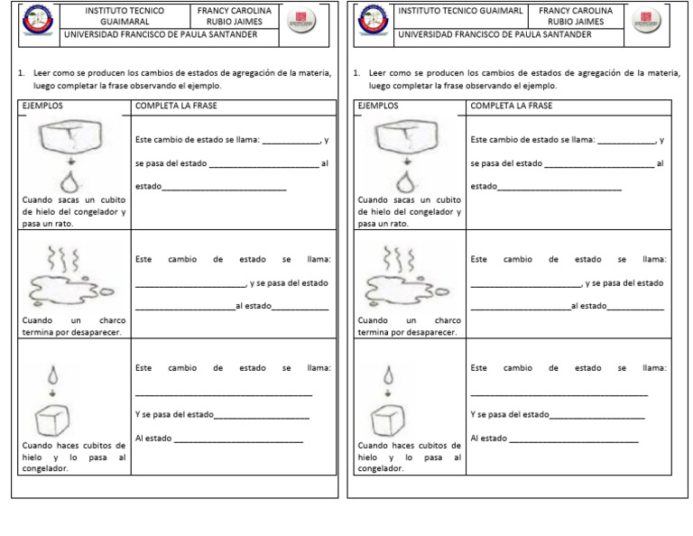 Actividad de Complete Sobre Los Cambios de Estado de La Materia | PDF ...