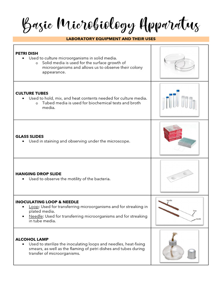 LABORATORY LESSON 2 Basic Microbiology Equipment With Additional Info | PDF | Biology | Microbiology
