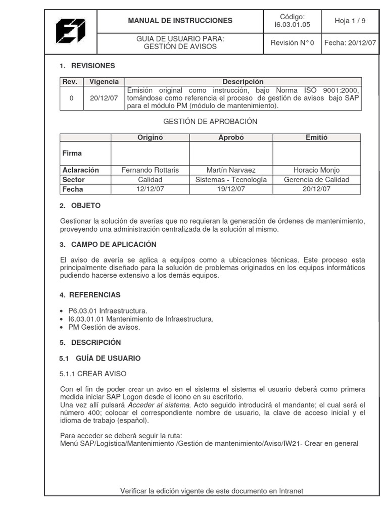Sap Pm Guia de Usuario Iw21 Gestion de Avisos | PDF | Informática