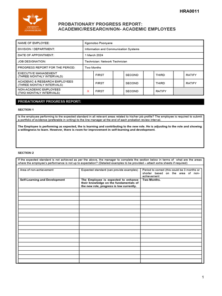 1.1 Annexure B - Revised Probationary Progress Form Template - Poonyane | PDF | Employment ...