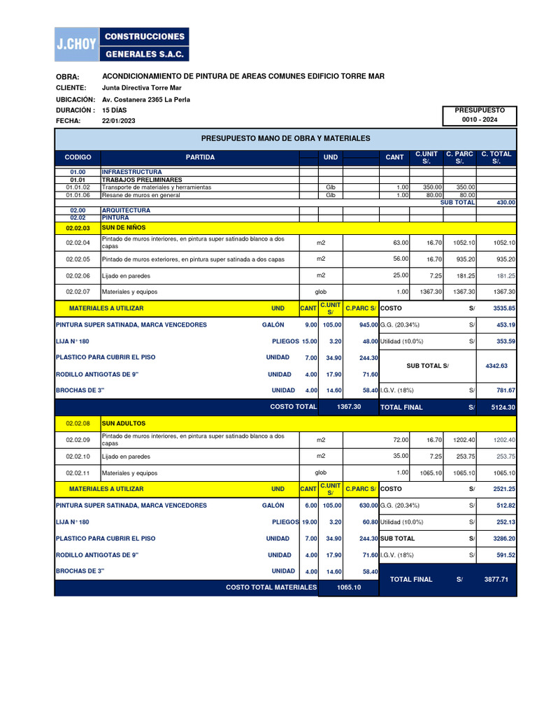Presupuesto Materiales y Mano de Obra J. Choy Construcciones Generales ...