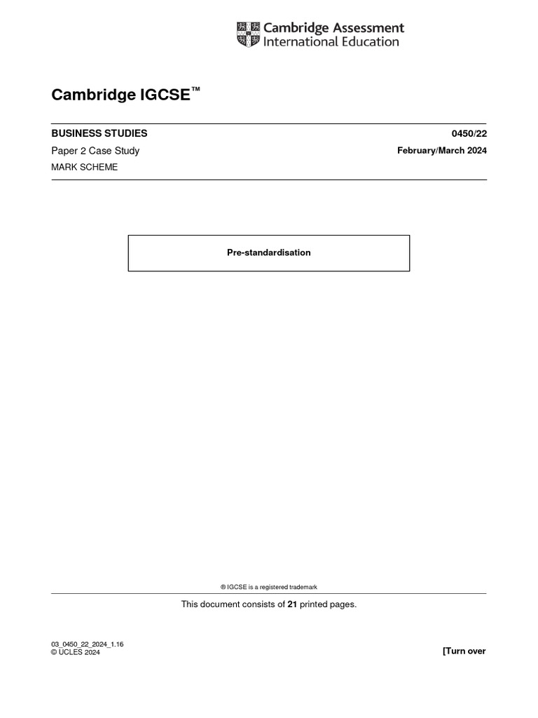 Business Studies Paper 1 Feb/ March Marking Scheme Cambridge Exam O ...
