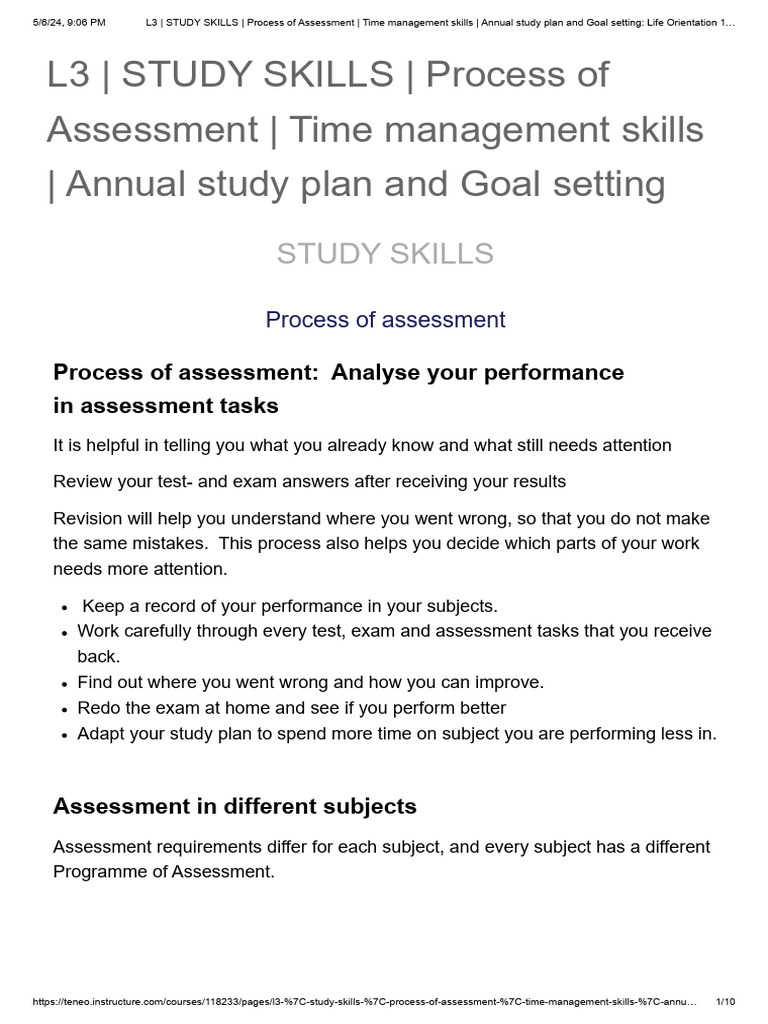 L3 STUDY SKILLS Process of Assessment Time Management Skills Annual ... L3 STUDY SKILLS Process of Assessment Time Management Skills Annual ...