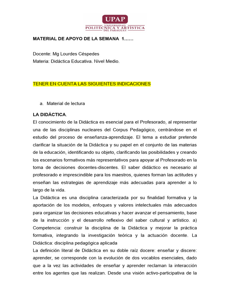 Material Didactica de La Educacion Media Semana 1 | PDF | Aprendizaje ...