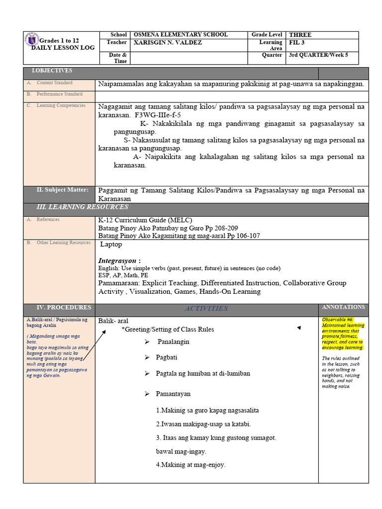 q3 Cot Filipino 3 Week 5 Pandiwa | PDF