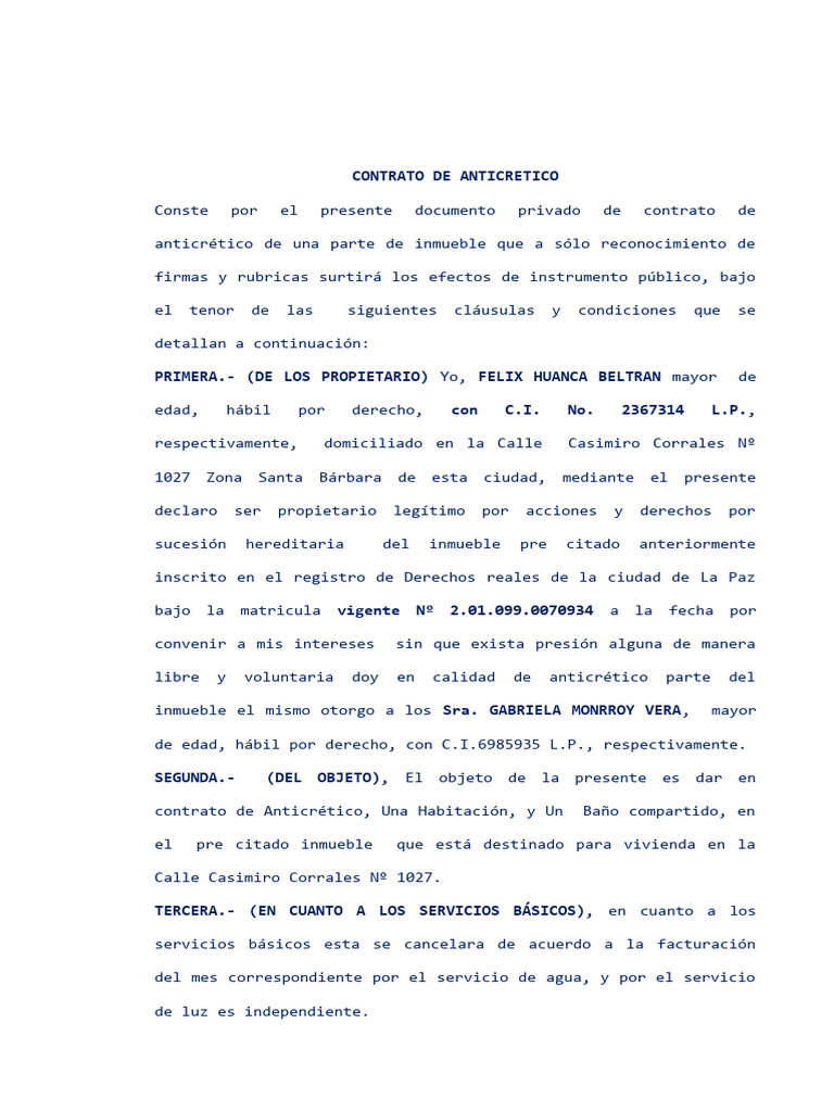 Contrato de Anticretico | PDF
