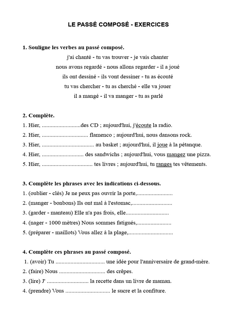 Exercices sur le passé composé | PDF