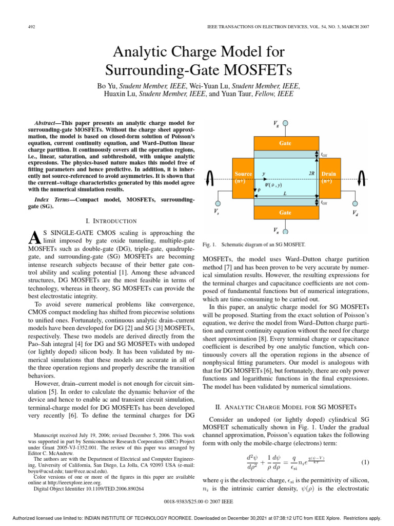 Analytic Charge Model For Surrounding-Gate MOSFETs | PDF | Mosfet | Field Effect Transistor