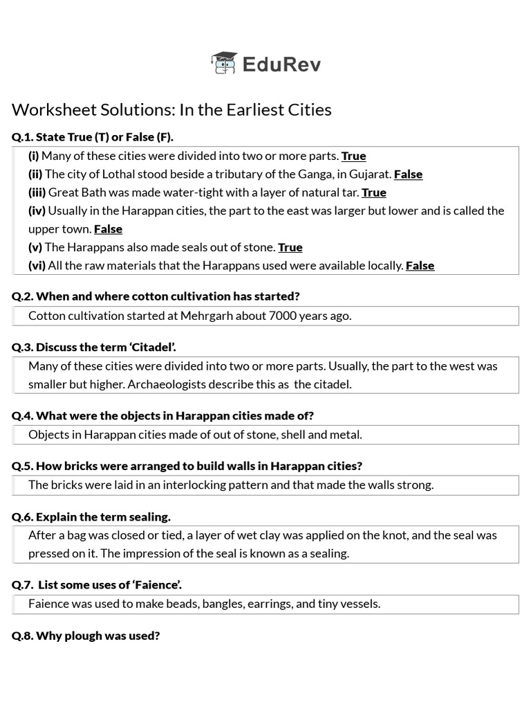 in The Earliest Cities Class 6 Worksheet History Chapter 3 | PDF