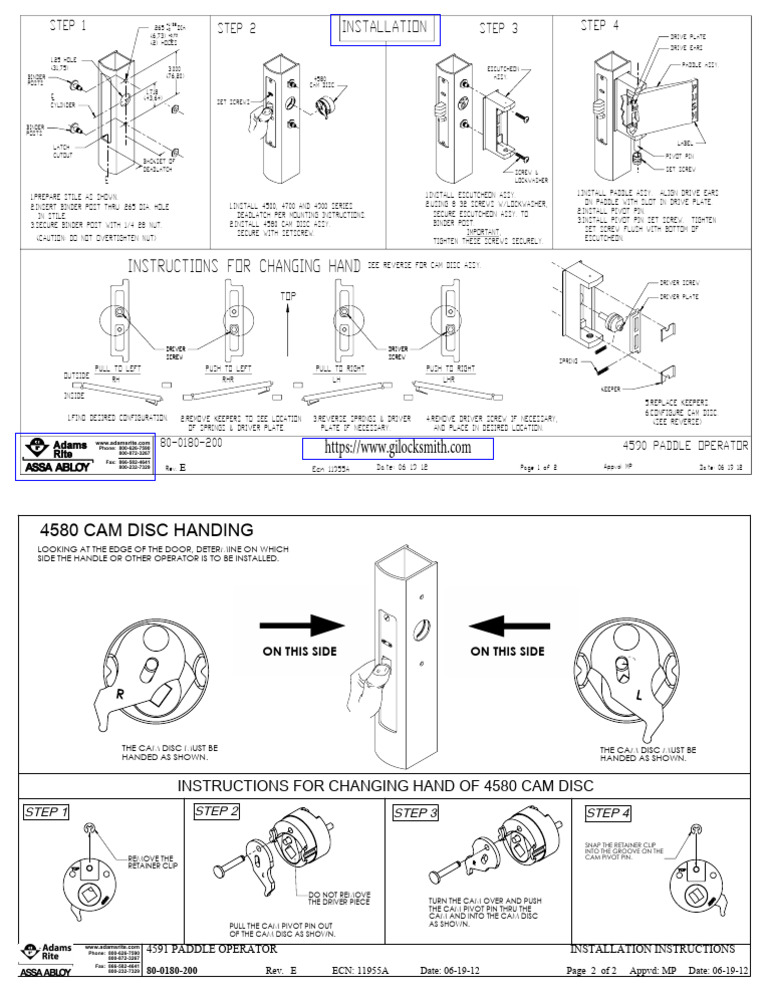 Adams Rite 4590, 4591 Paddles Installation Instructions | PDF | Screw