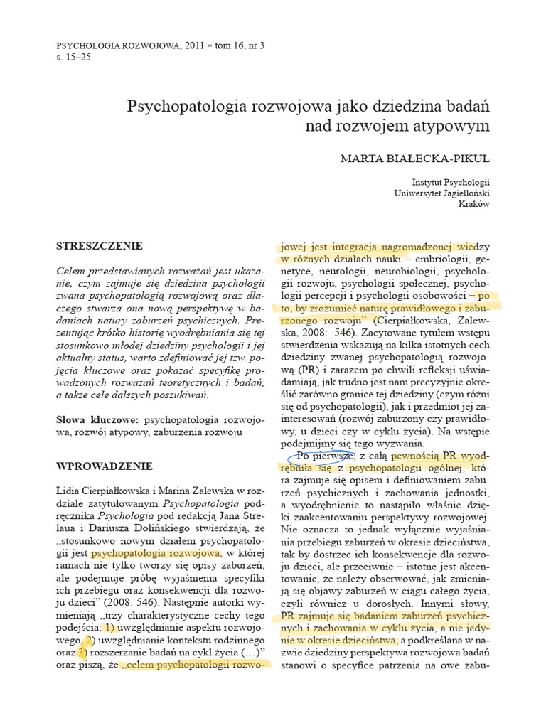 1.2 Białecka-Pikul - Psychologia Rozwojowa Tom16 Nr3 (STR 15-25) Psychopatologia Rozwojowa | PDF