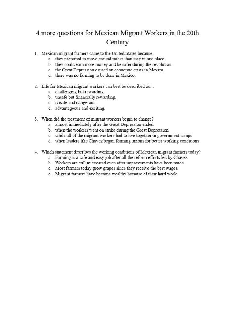 4 More Questions For Mexican Migrant Workers in The 20th Century | PDF ...
