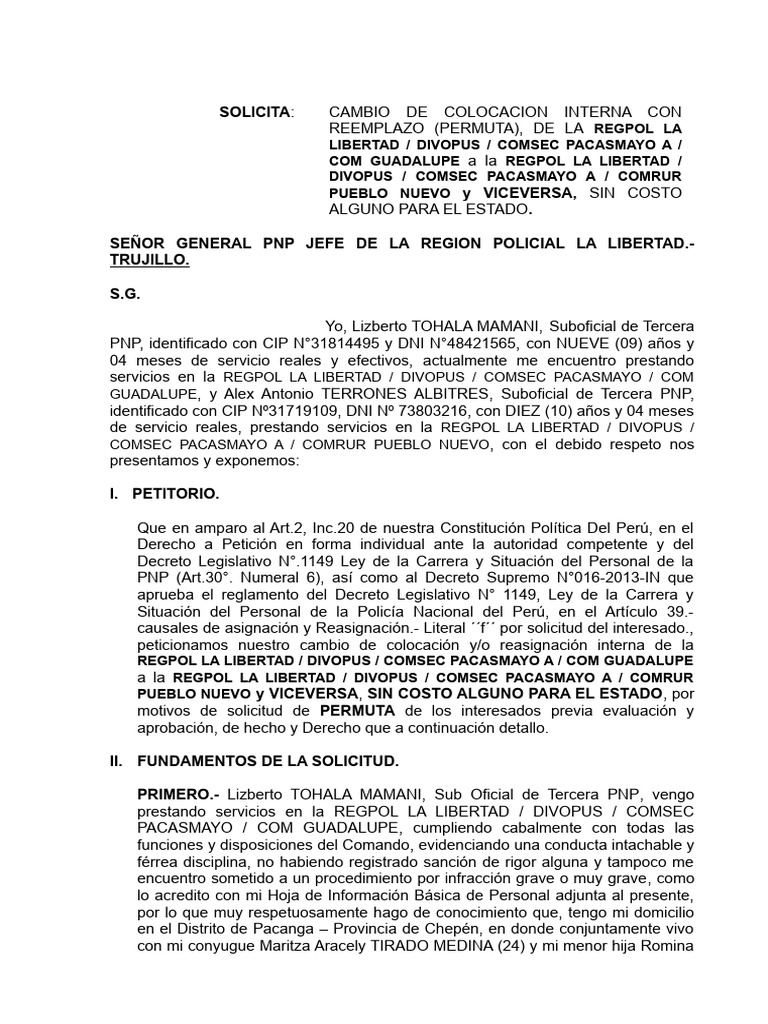 Solicitud de Permuta en PNP La Libertad | PDF | Familia | Educación en ...