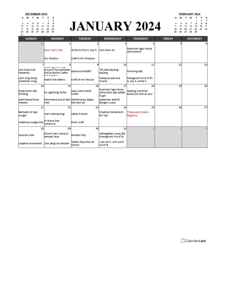 2024 Calendar Planner Malaysia Excel 01 (Version 1) .XLSB | PDF