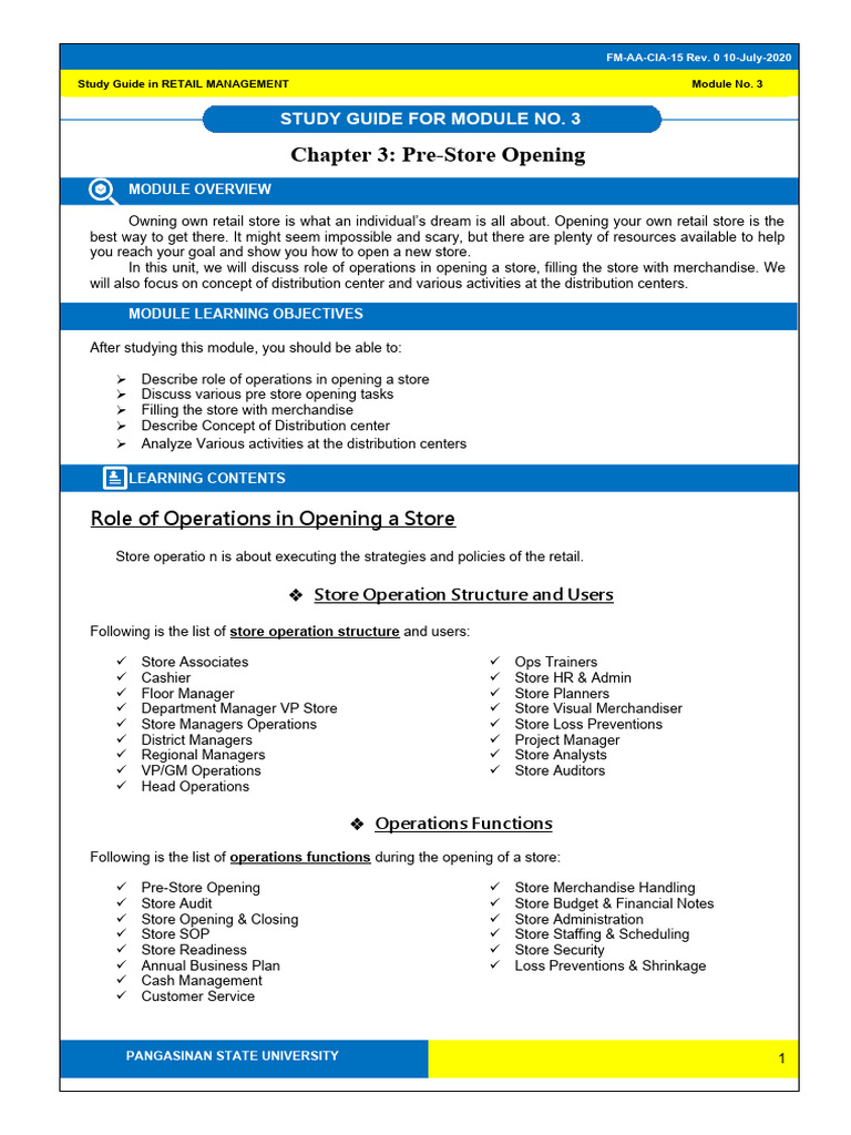 Study Guide Module 3 Pre Store Opening | PDF | Warehouse | Retail