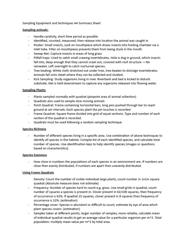Sampling Equipment and Techniques A4 Summary Sheet | PDF | Mean