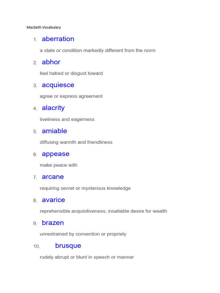 Macbeth Vocabulary | Download Free PDF | Reason | Representation (Arts)