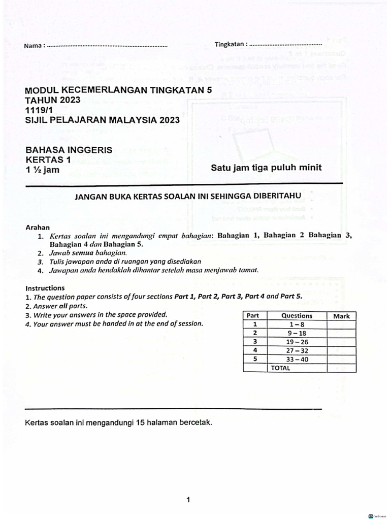 T5 Bahasa Inggeris K1 Batu Pahat 2023 | PDF
