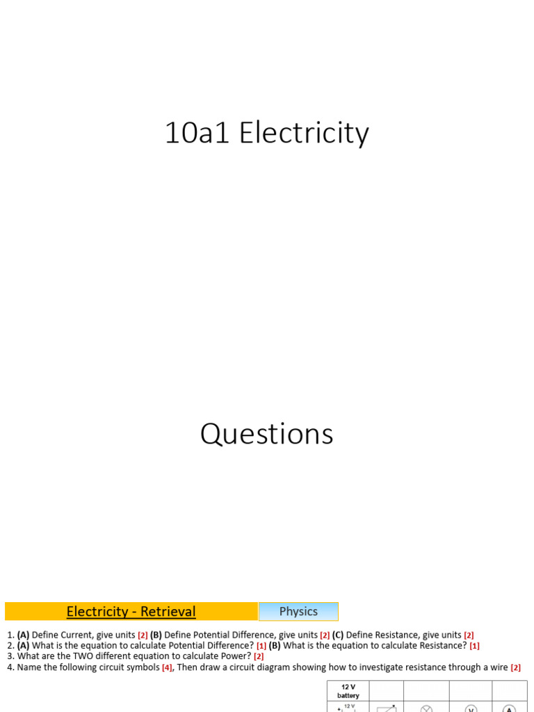 10a1 Electricity Revision | PDF | Electric Charge | Electric Current