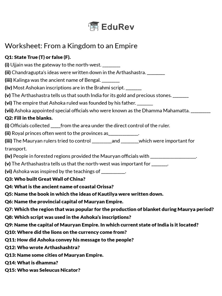 Class 6 Worksheet: Mauryan Empire | PDF