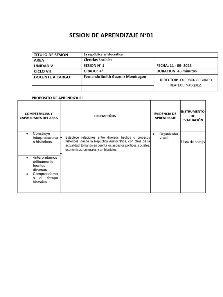 Sesion de Aprendizaje 1° 4° | PDF | Aprendizaje | Maestros