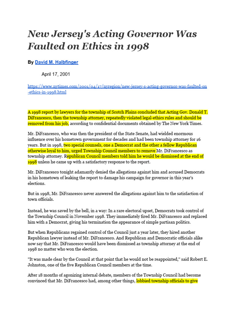 NJ Gov's 1998 Ethics Scandal | PDF | Lawsuit | Government