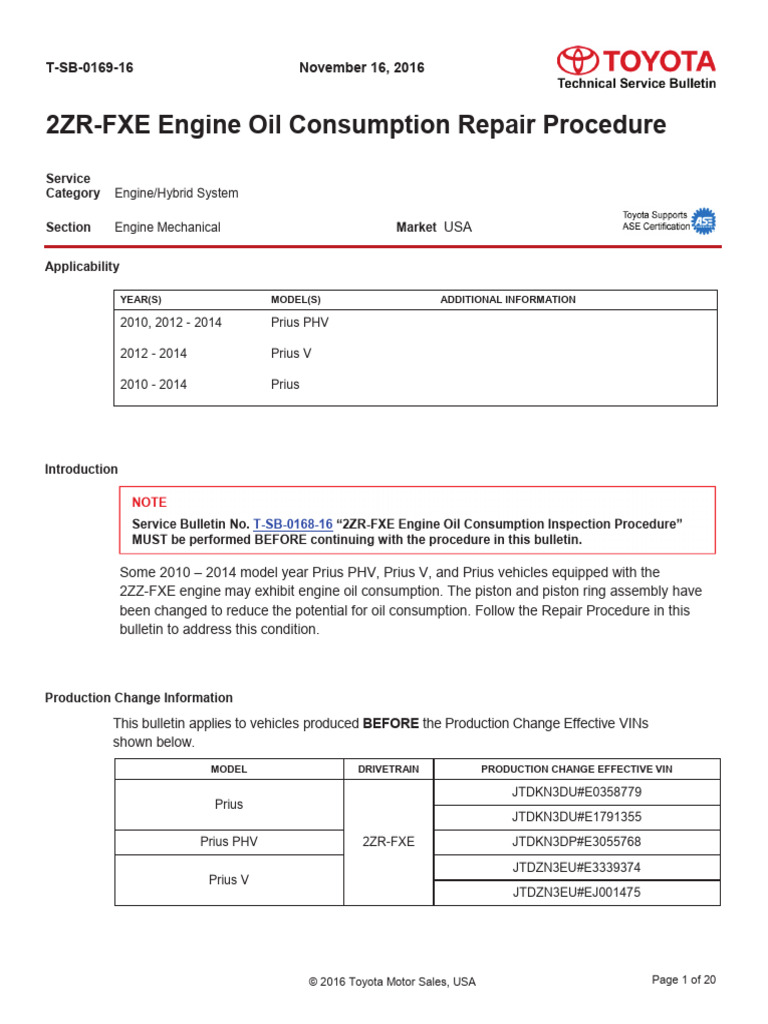 2ZR-FXE Engine Oil Consumption Repair Procedure | PDF | Hybrid Electric ...