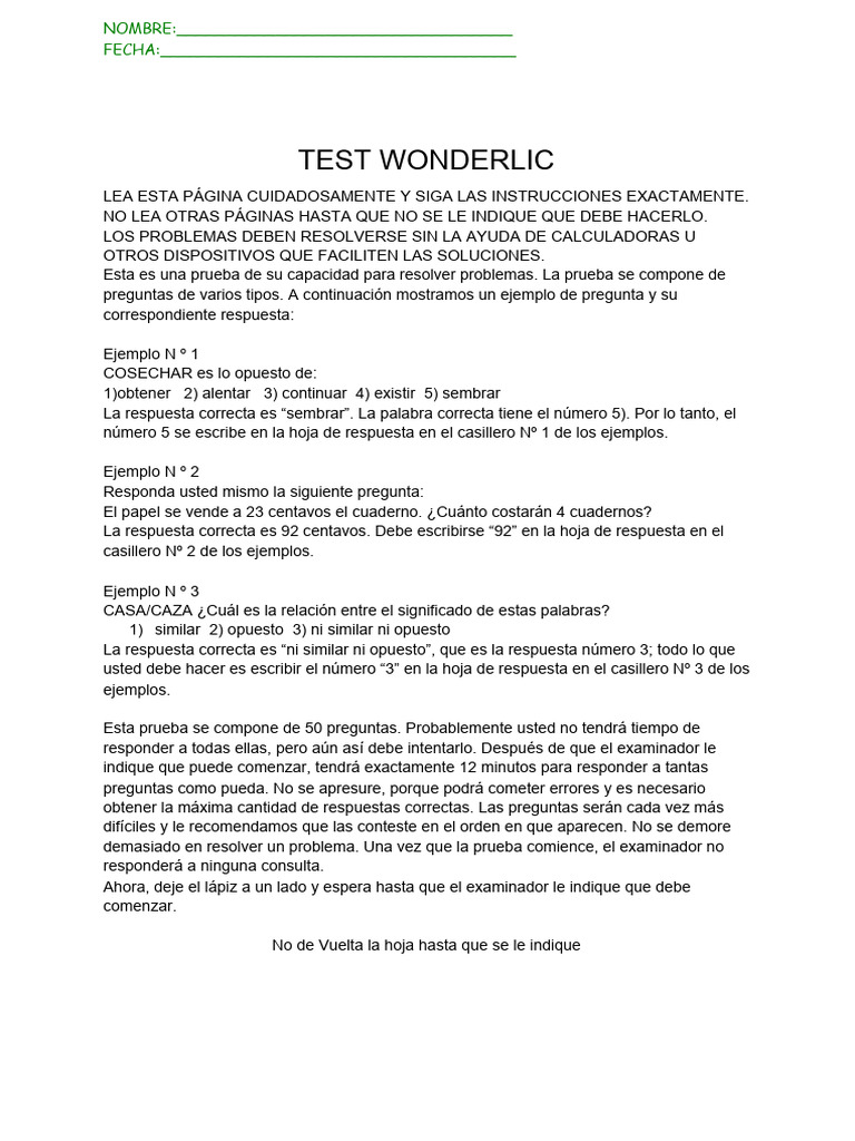 Instrucciones para el Test Wonderlic | PDF