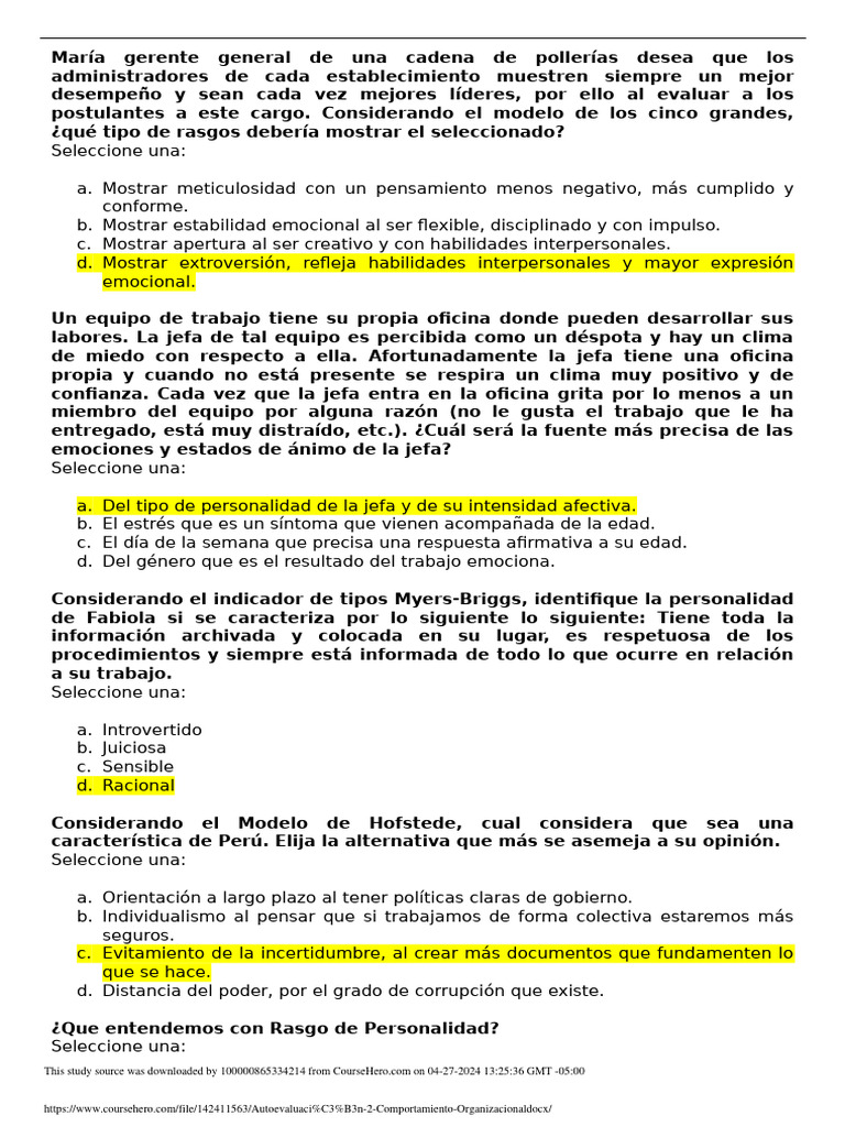 Autoevaluaci N 2 Comportamiento Organizacional | PDF | Las emociones | Racionalidad