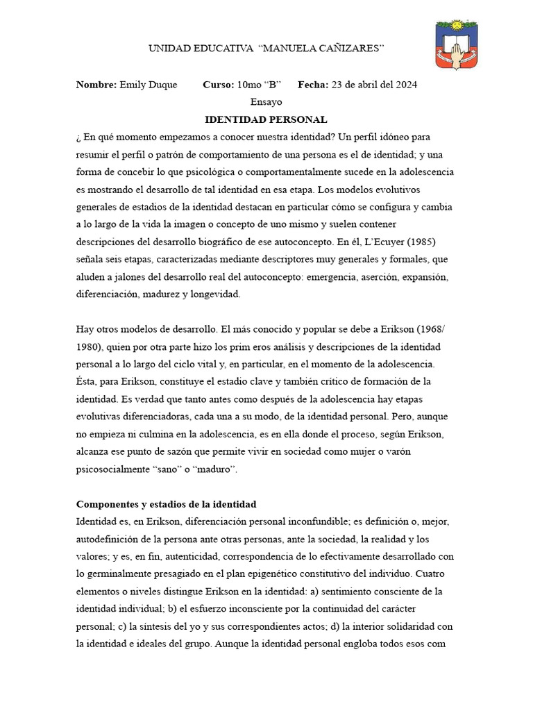 Ensayo Identidad Personal 2 | PDF | Adultos | Adolescencia