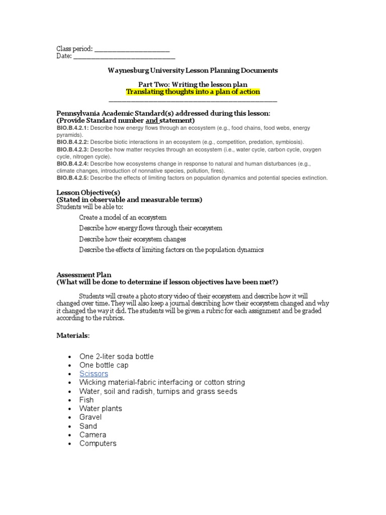 Lesson Plan Ecosytem in A Bottle | PDF | Ecosystem | Earth Sciences