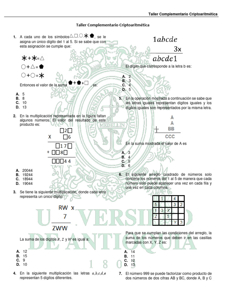 Taller Complementario Criptoaritmetica | PDF | Multiplicación | Aritmética