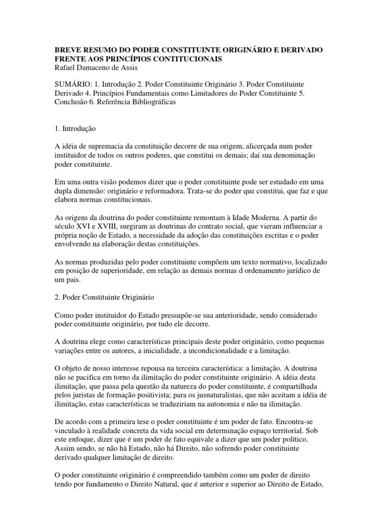 Breve Resumo Do Poder Constituinte Originário e Derivado Frente Aos Princípios Contitucionais | PDF