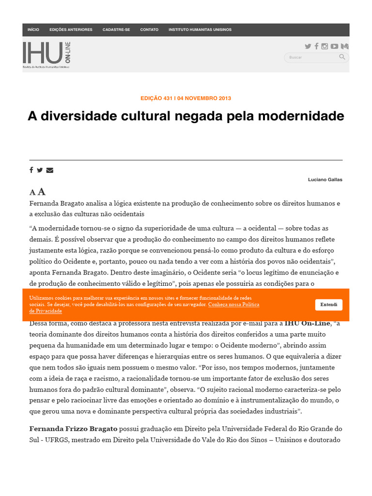 IHU Online - A Diversidade Cultural Negada Pela Modernidade | PDF | Estado | Direitos Humanos