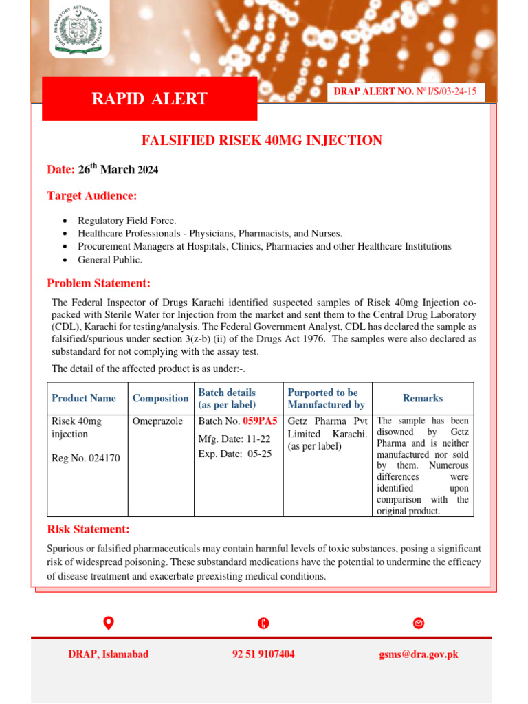 Rapid Alert Risek 40mg Injection | PDF | Pharmacy | Pharmacist