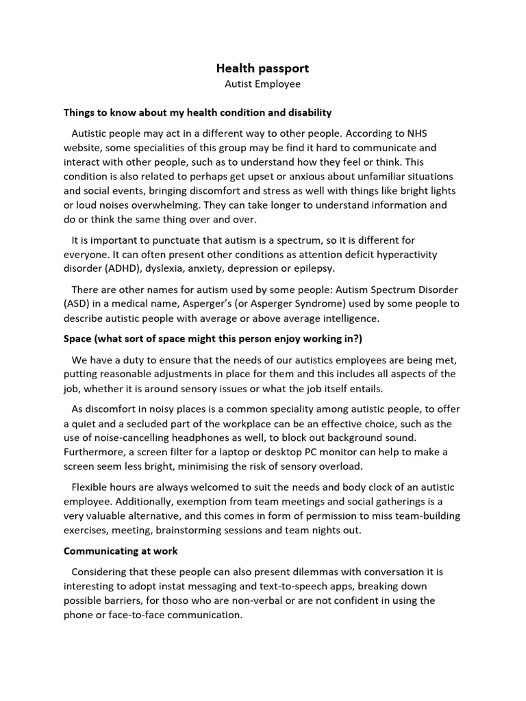 Health Passport | PDF | Autism Spectrum | Asperger Syndrome