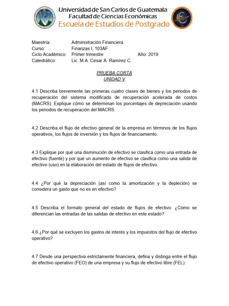 Prueba Corta, Unidad v, Flujo Efectivo | PDF